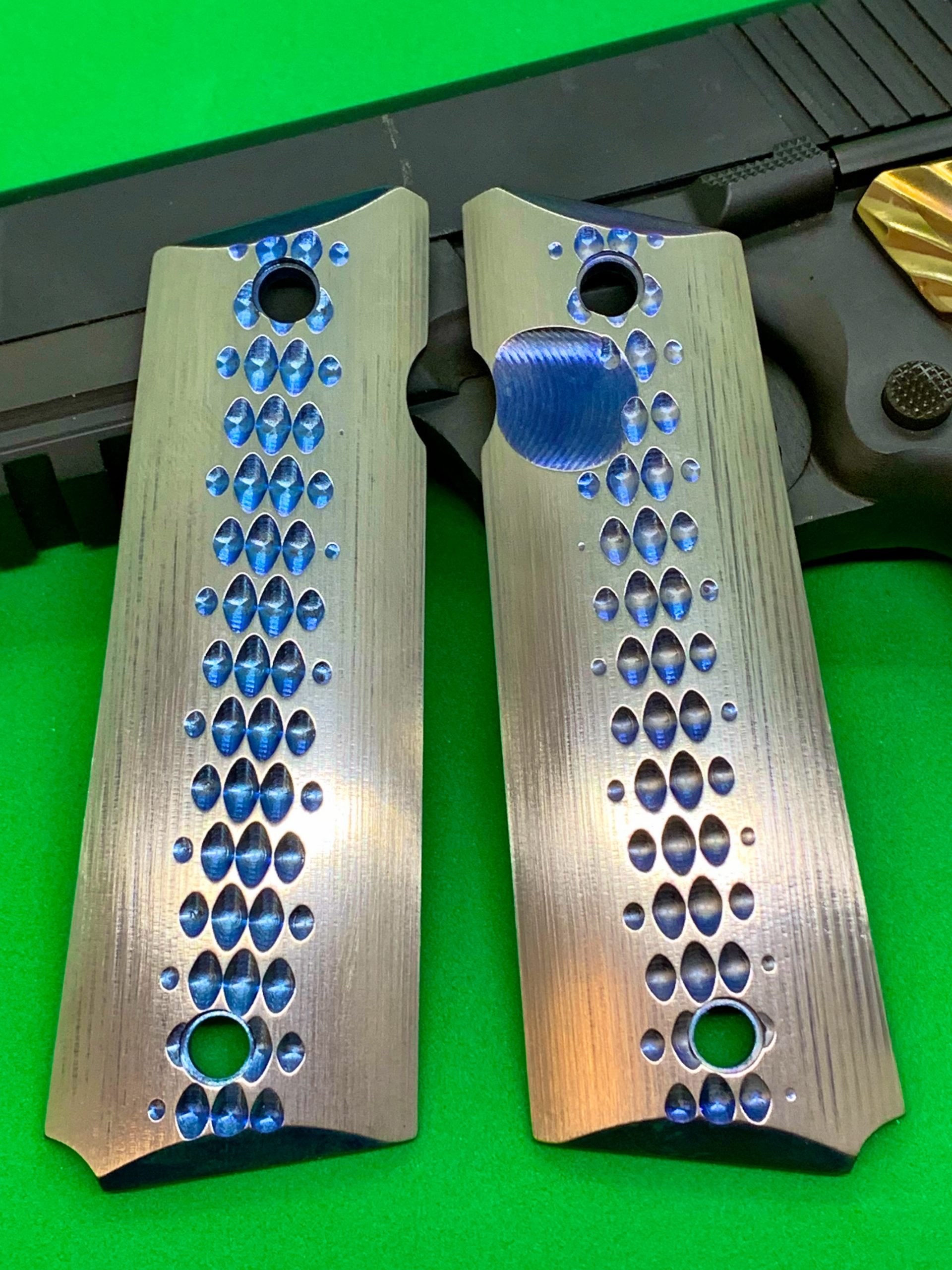 Titanium 1911 Pistol Grips - Blue Dimple /Natural
